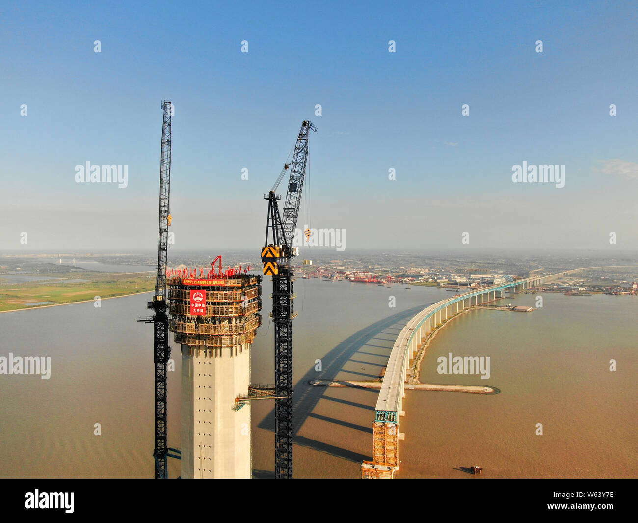 Aerial view of the construction site of the No.28 main pier of the ...