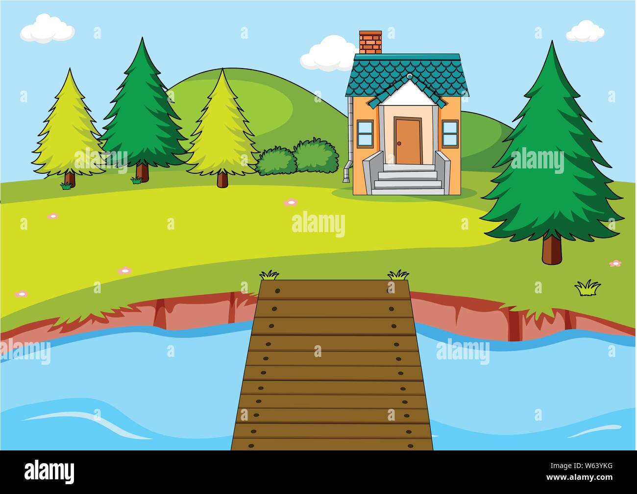 House and river outdoor scene illustration Stock Vector Image & Art - Alamy