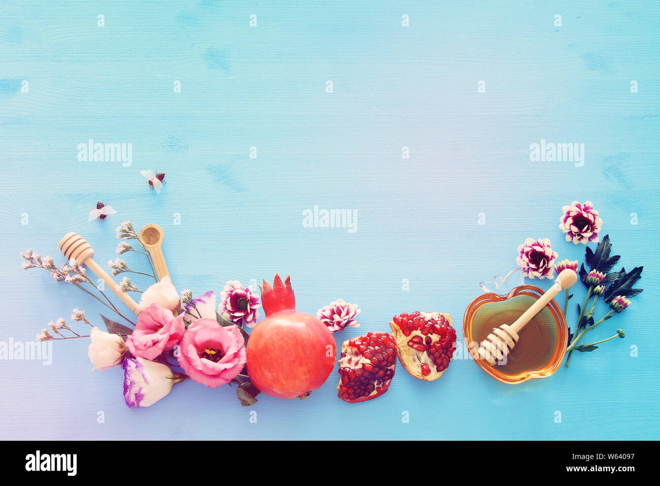 religion image of Rosh hashanah (jewish New Year holiday) concept. Traditional symbols over ...