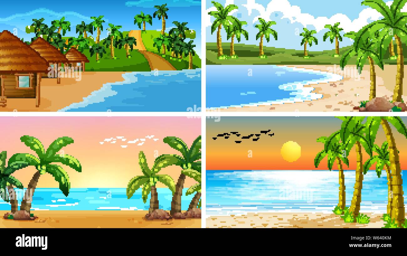 Set of tropical ocean nature scenes with beaches illustration Stock ...