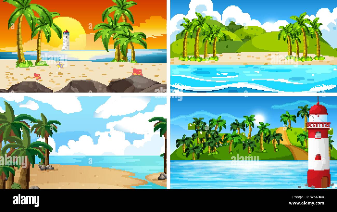 Set of tropical ocean nature scenes with beaches illustration Stock ...
