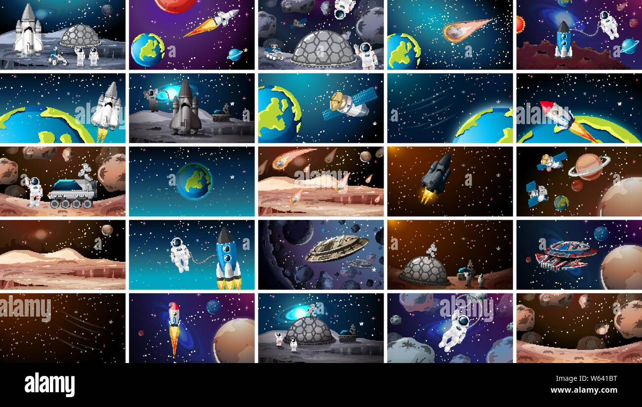 Large set of different space scenes illustration Stock Vector Image ...