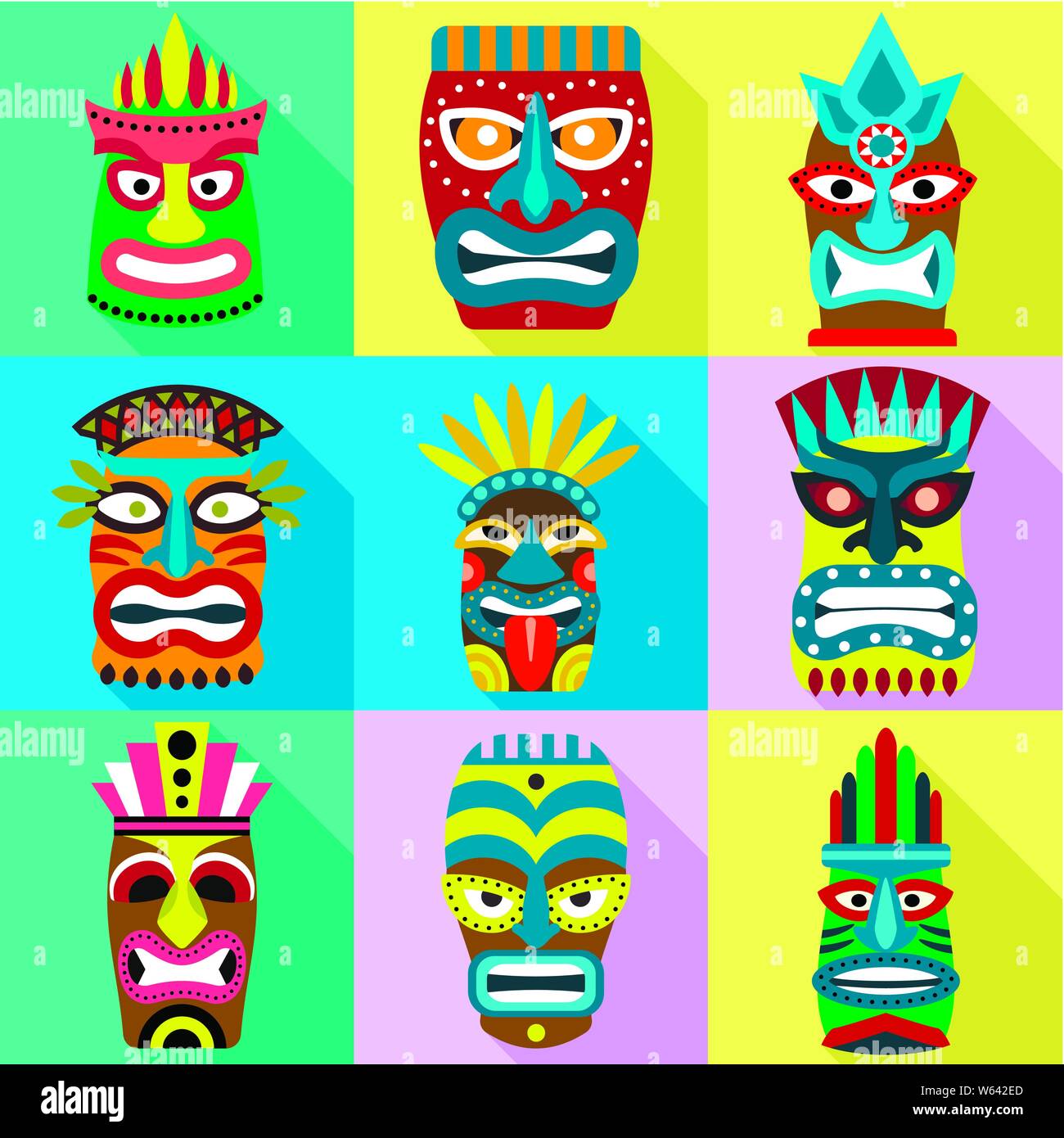 African mask icon set. Flat set of 9 african mask vector icons for web ...
