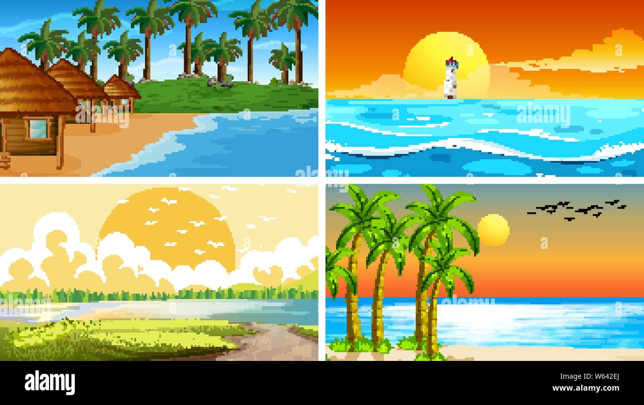Set of tropical ocean nature scenes with beaches illustration Stock ...