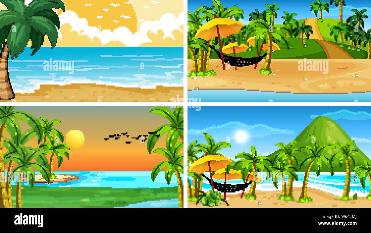 Set of tropical ocean nature scenes with beaches illustration Stock ...