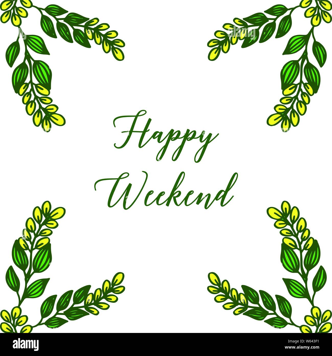 Bright green leafy flower frame, happy weekend handwritten text ...