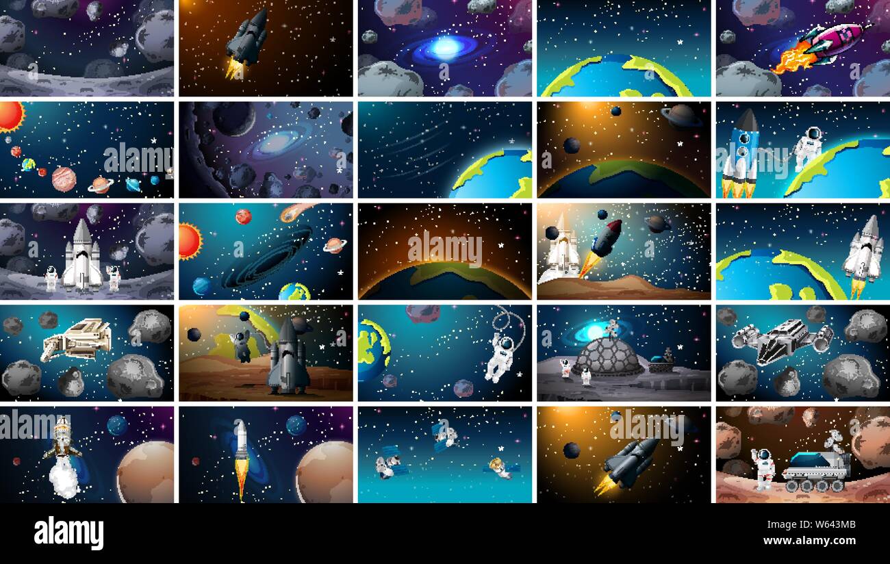 Large set of different space scenes illustration Stock Vector Image ...