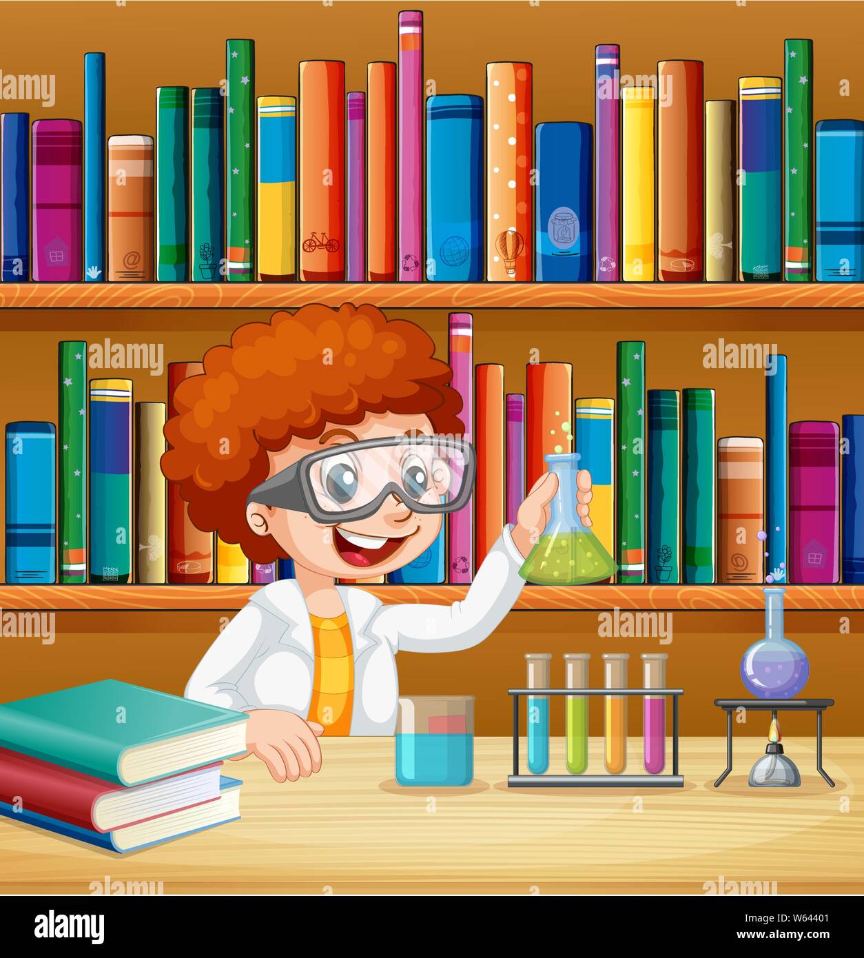 Boy in science lab with books illustration Stock Vector Image & Art - Alamy