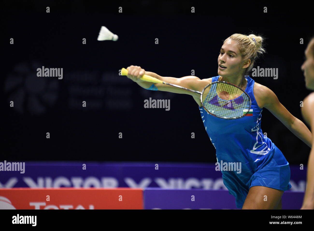 Gabriela Stoeva of Bulgaria returns a shot as she and Stefani Stoeva ...