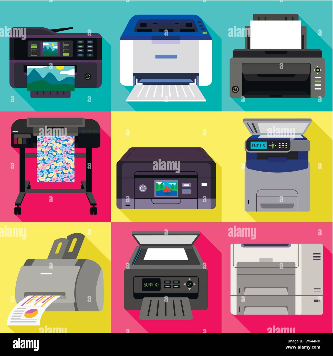 Office printer icon set. Flat set of 9 office printer vector icons for ...