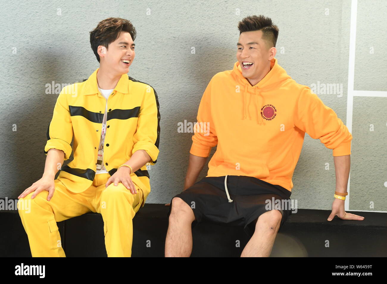 Chinese actor Li Yifeng, left, and Guo Ailun receive an interview for ...