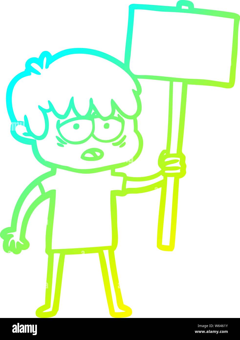 cold gradient line drawing of a cartoon exhausted boy with placard ...