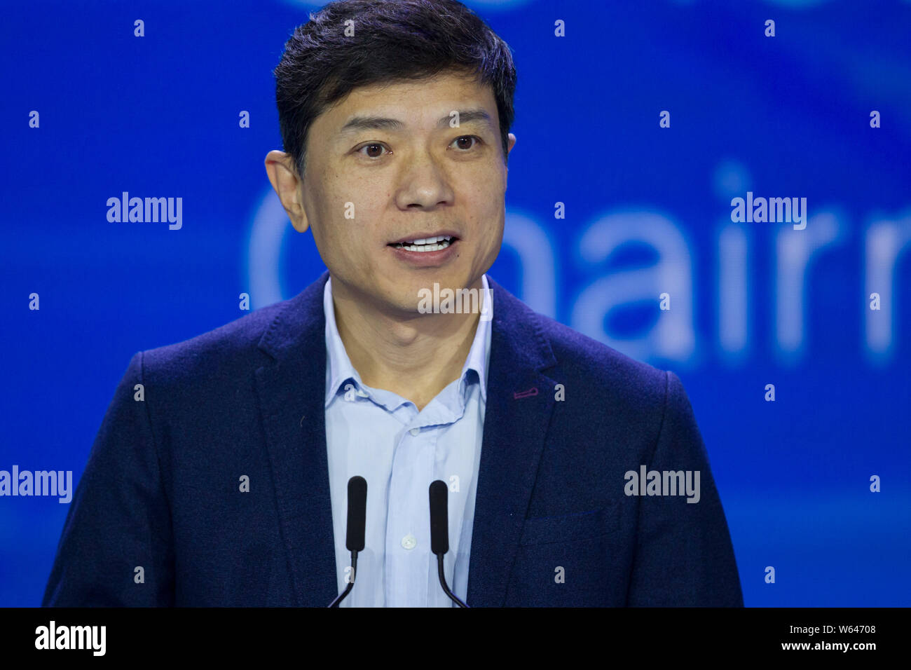 Robin Li Yanhong, Chairman and CEO of Baidu Inc., delivers a speech during the 2018 World ...