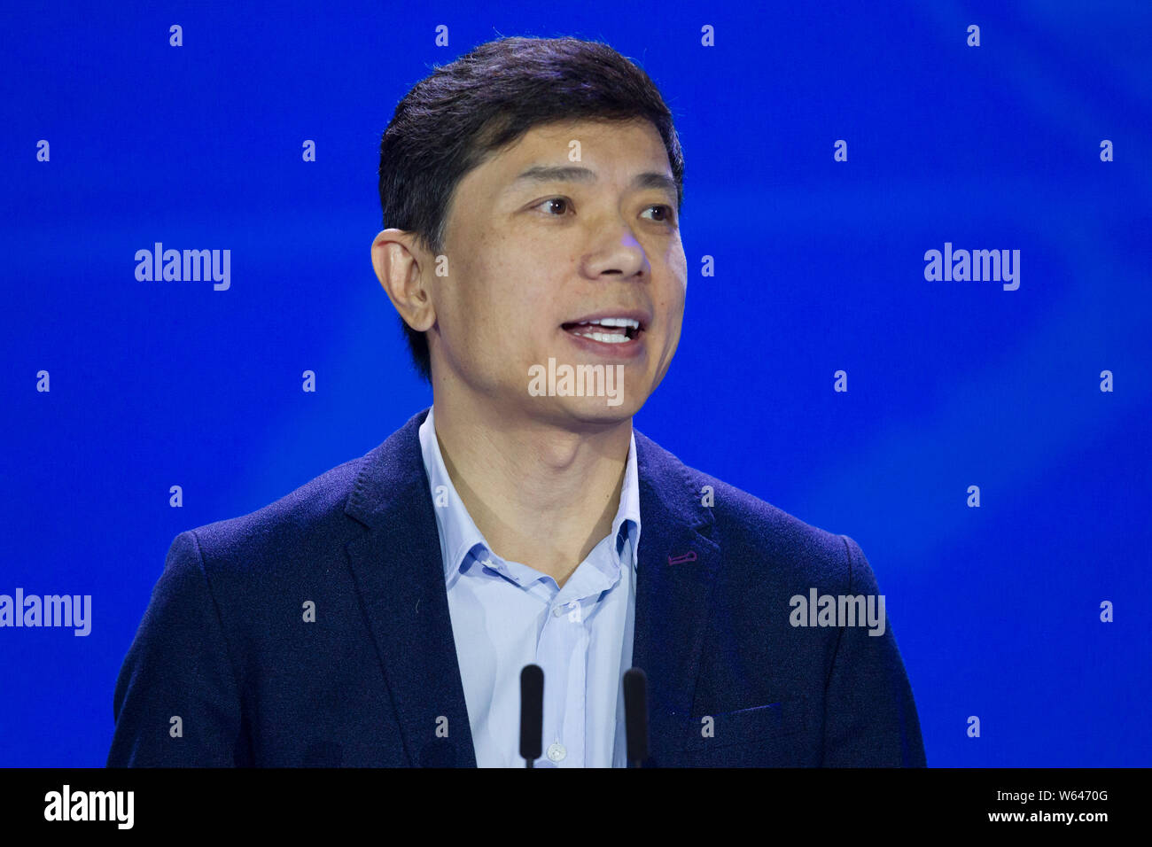 Robin Li Yanhong, Chairman and CEO of Baidu Inc., delivers a speech during the 2018 World ...