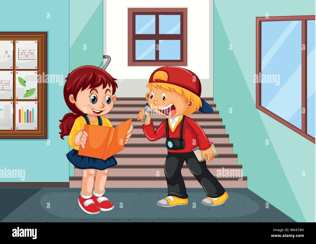 Boy and girl in school setting illustration Stock Vector Image & Art ...
