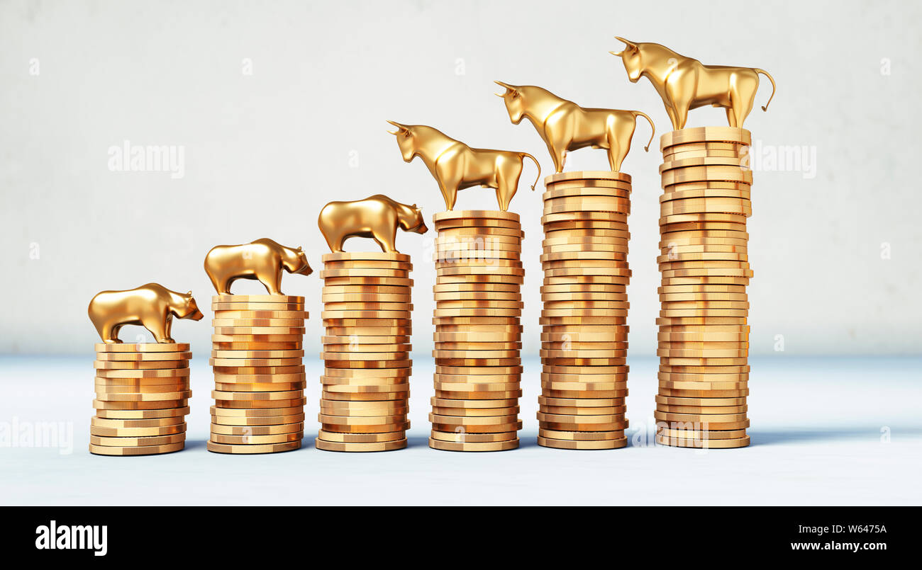 Bull and Bear Figurettes on Stacks of Golden Coins Stock Photo - Alamy