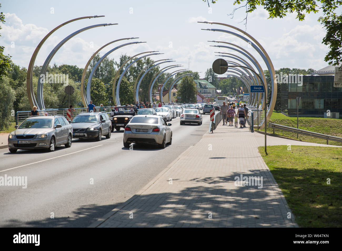City Riga, Latvian Republic. City bridge, cars and people. 2019. 27 ...
