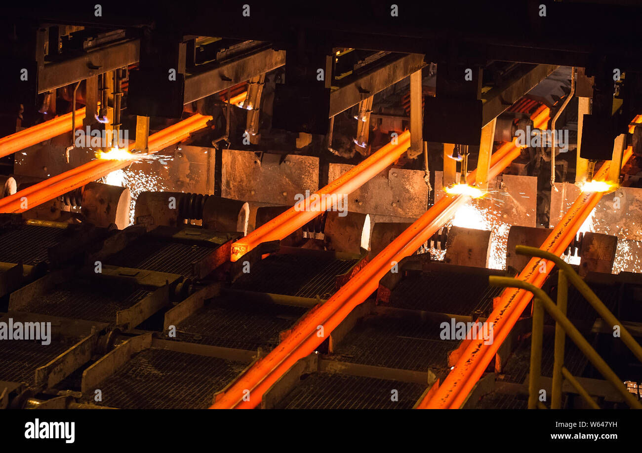 Steel Billets at Torch Cutting. Metallurgical plant Stock Photo - Alamy
