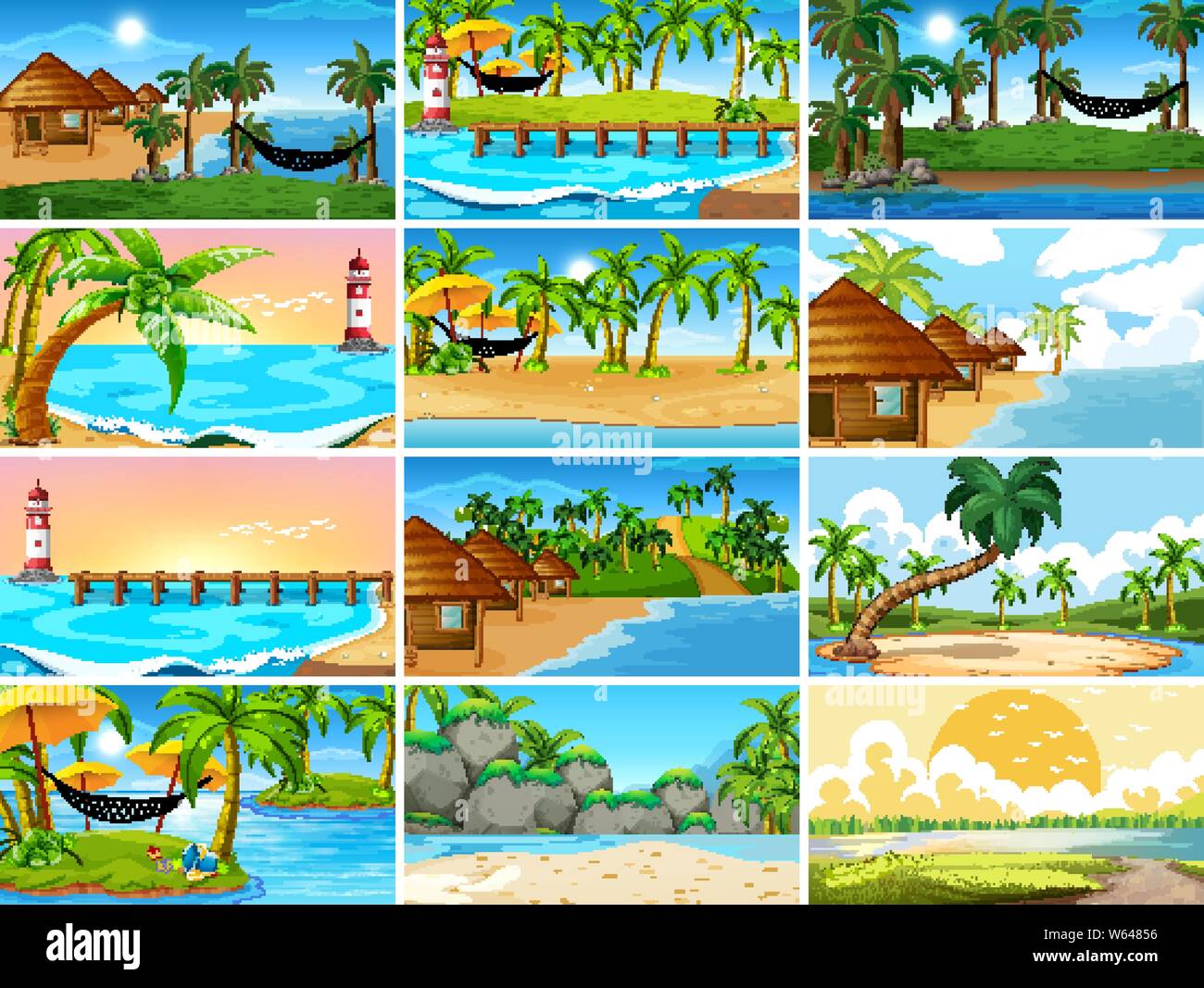 Set of tropical ocean nature scenes with beaches illustration Stock ...