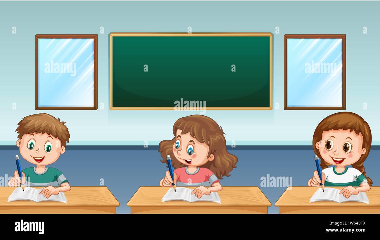 Three pupils writing in classroom illustration Stock Vector Image & Art ...