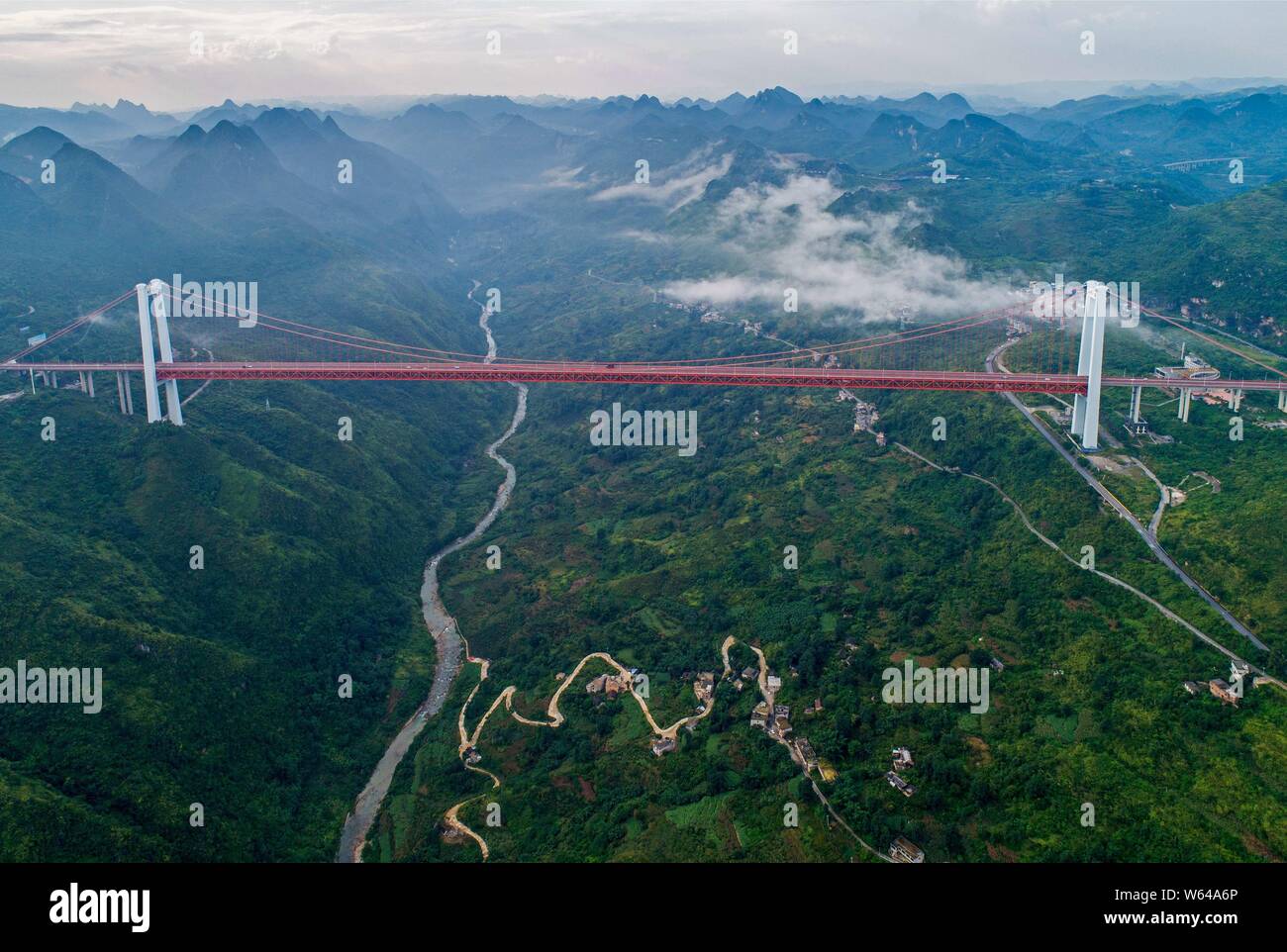 An aerial view of Balinghe Bridge or Baling River Bridge in Guanling ...