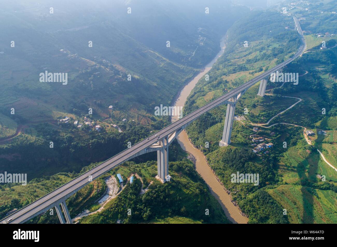 An aerial view of Beipanjiang Bridge or Beipan River Bridge on the ...