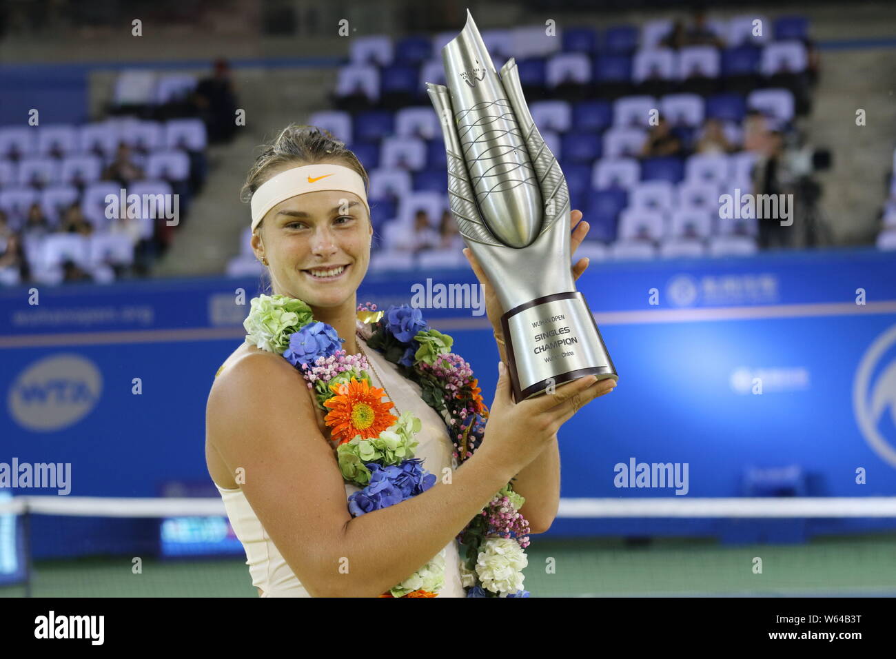Aryna Sabalenka of Belarus poses with her trophy after defeating Anett ...