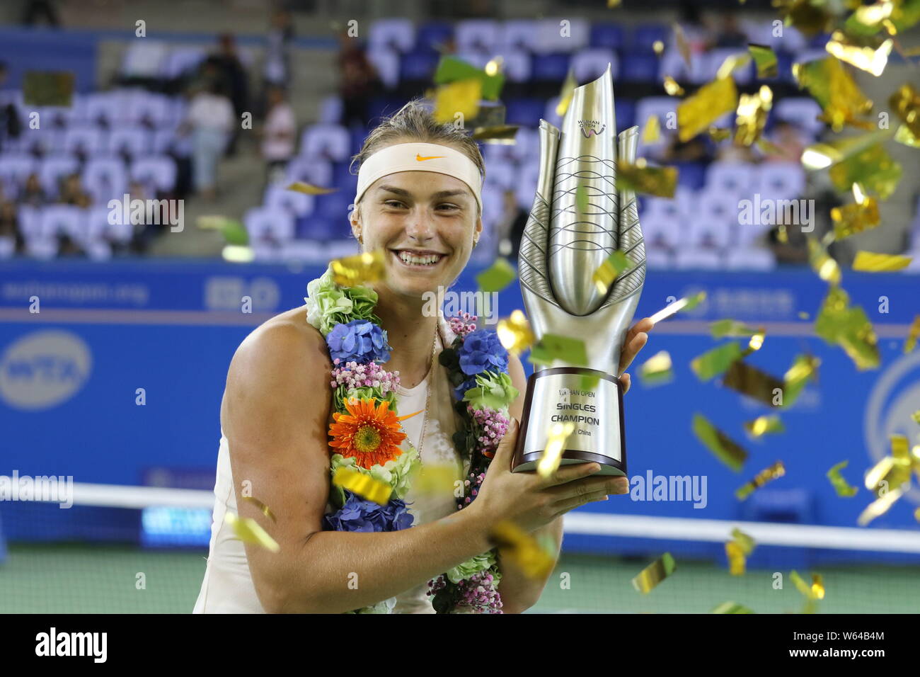 Aryna Sabalenka of Belarus poses with her trophy after defeating Anett ...