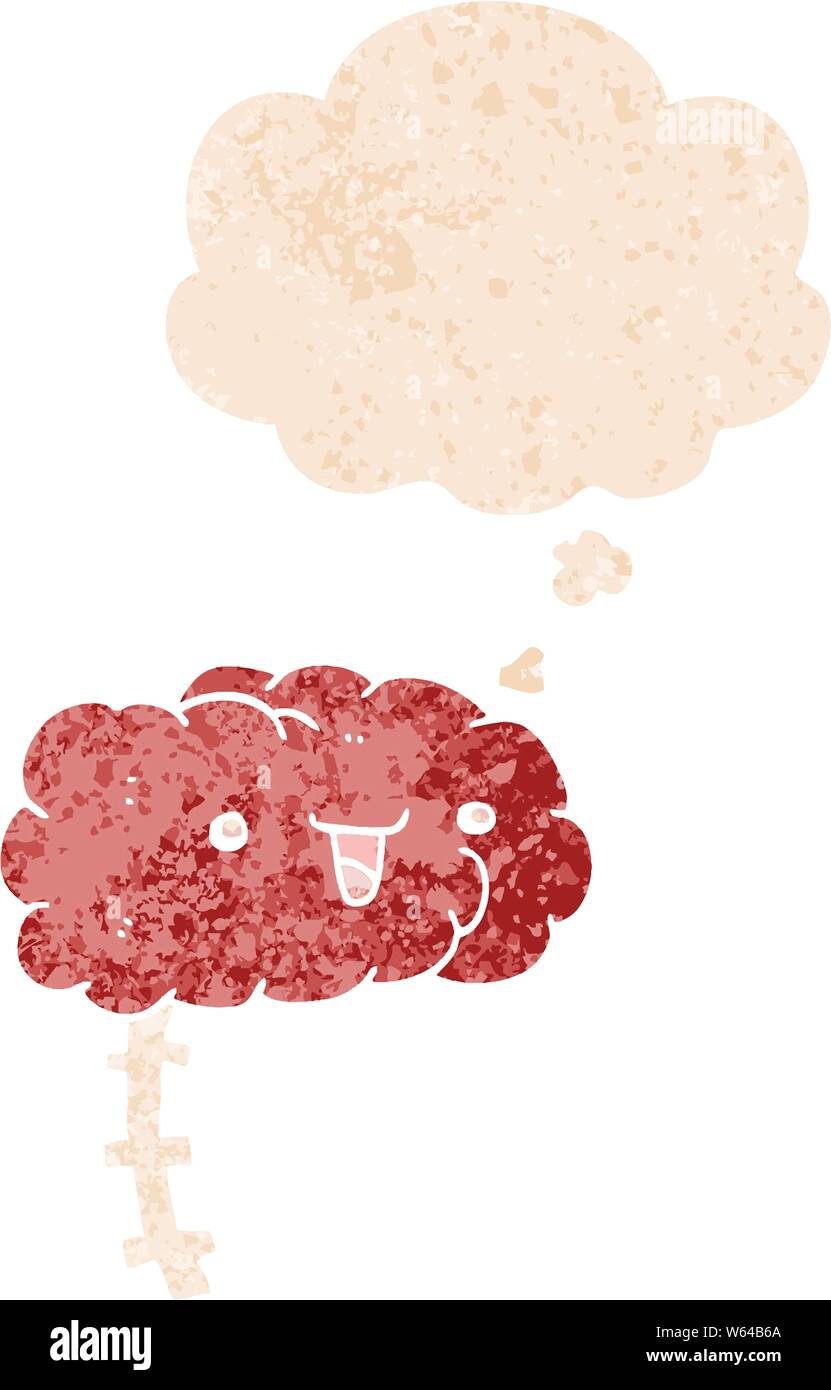 happy cartoon brain with thought bubble in grunge distressed retro ...