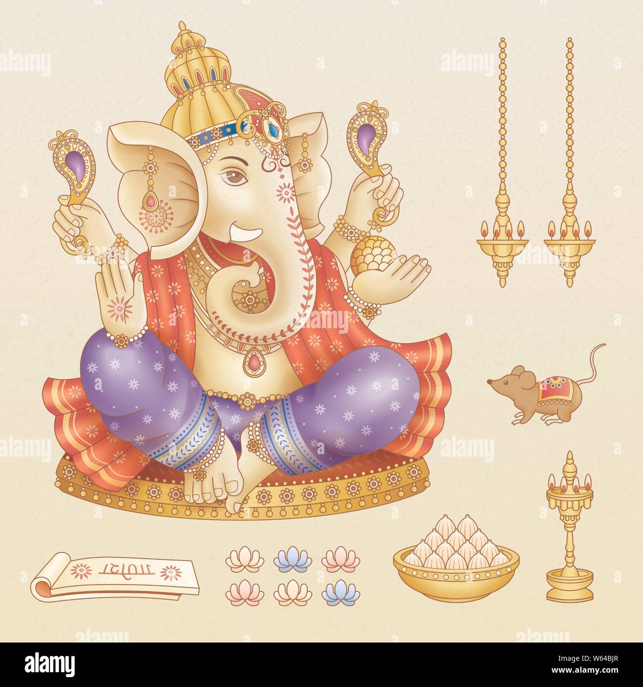 Ganesh Chaturthi festival symbol collections on beige background Stock ...