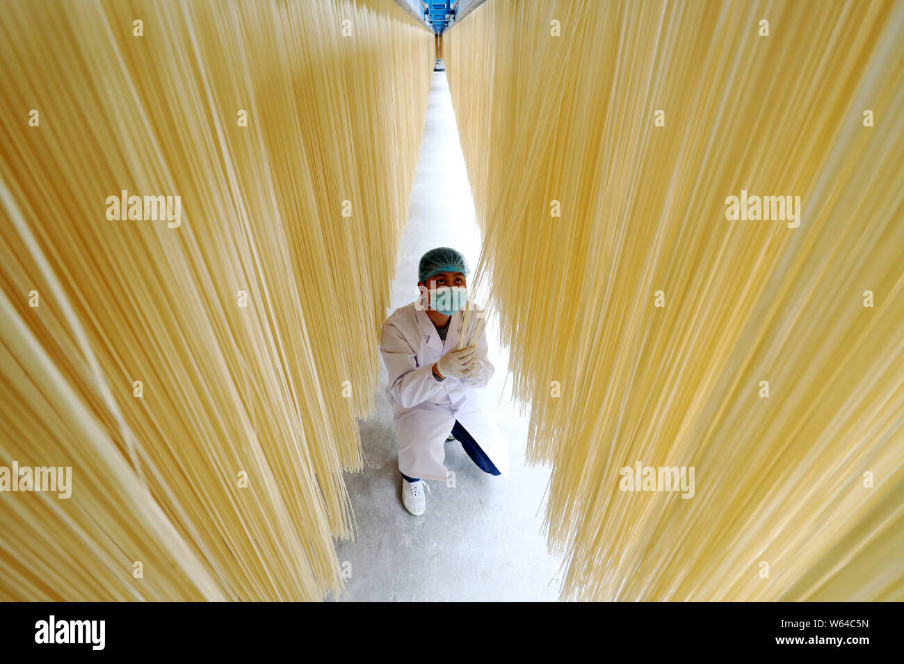 --FILE--A Chinese worker surveys the production of dry noodles at a ...