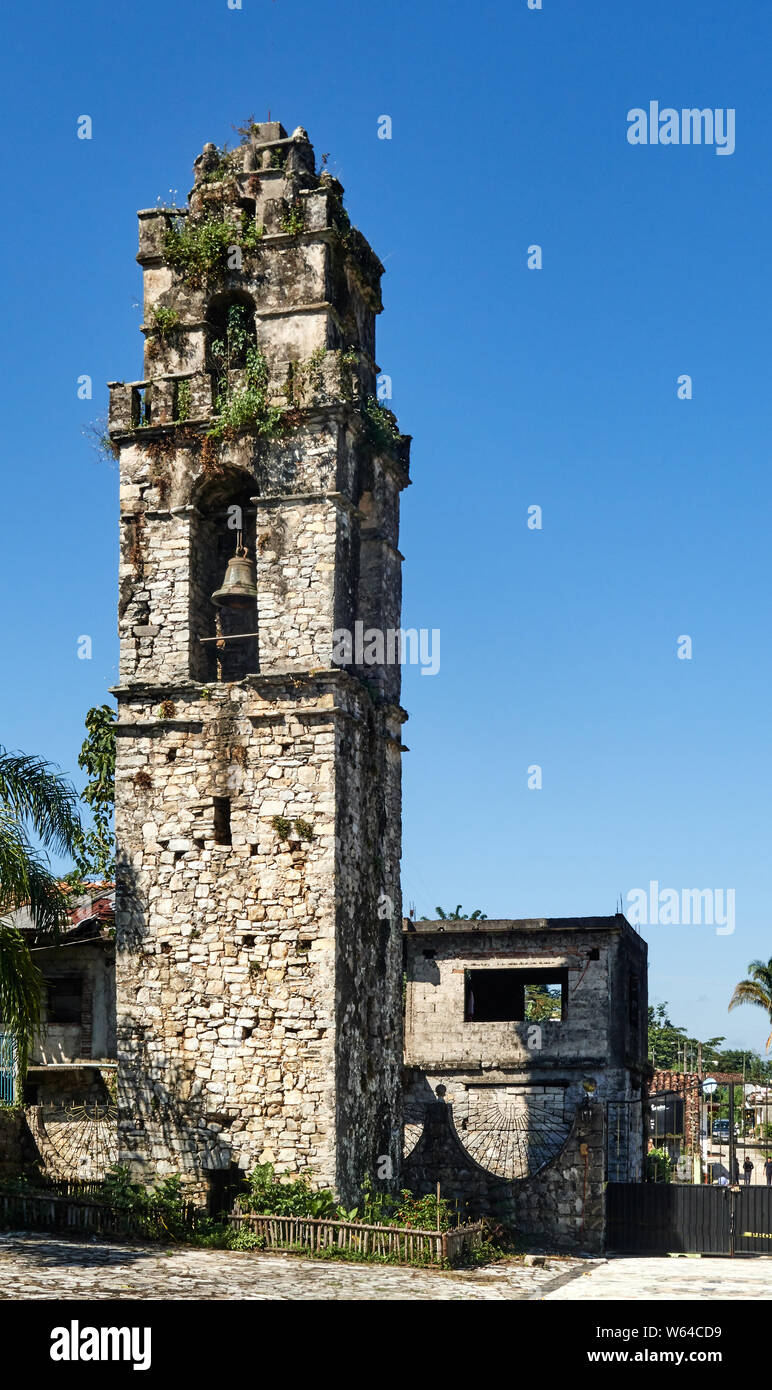 North America, MEXICO, Puebla state, the ruins of the old belfry of ...