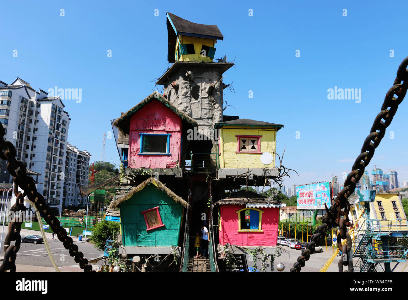 View of a three-storey tree house with nine rooms, dubbed as the city's ...