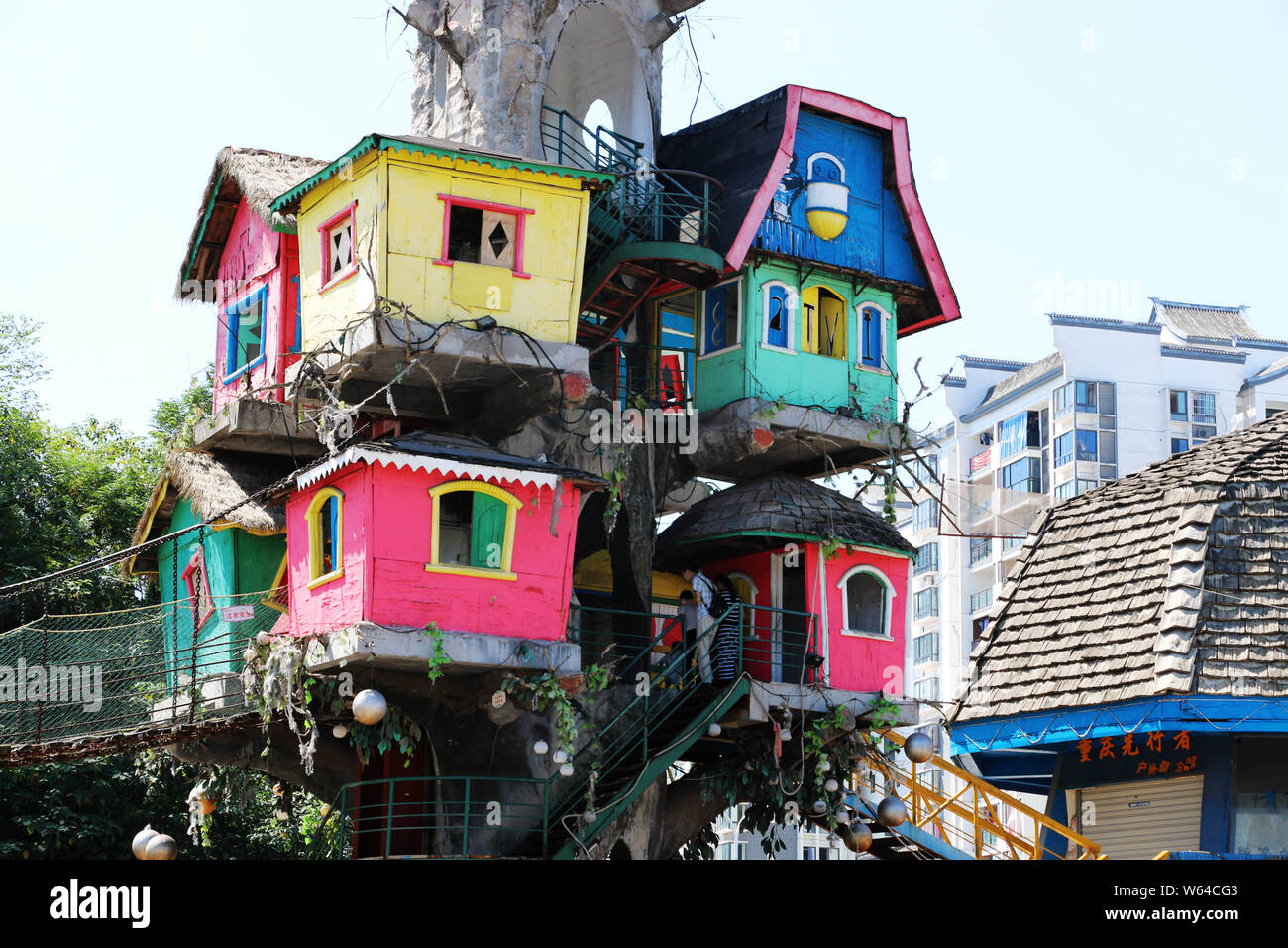 View of a three-storey tree house with nine rooms, dubbed as the city's ...