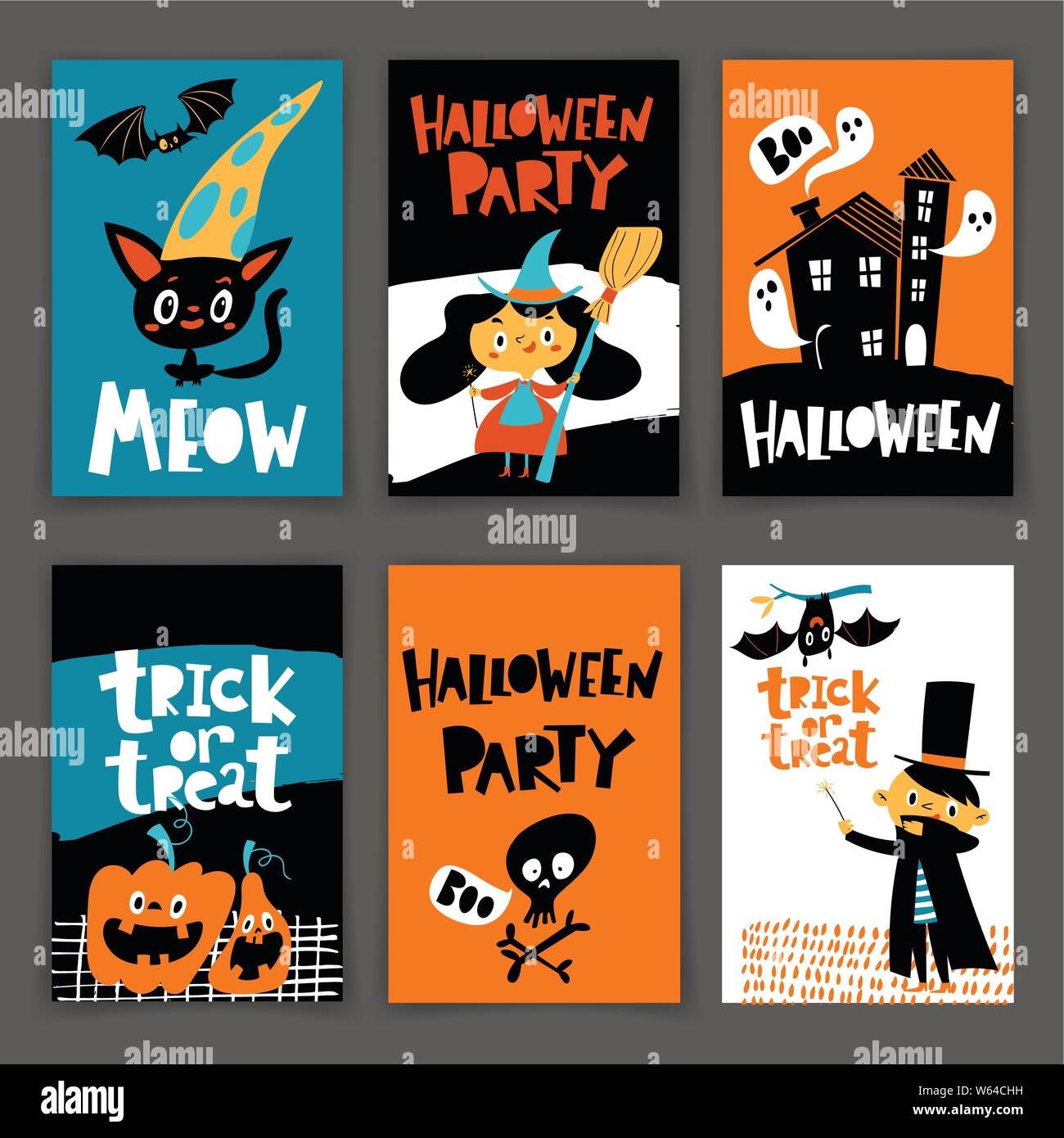 Set of vector Happy Halloween posters in cartoon flat style Stock ...