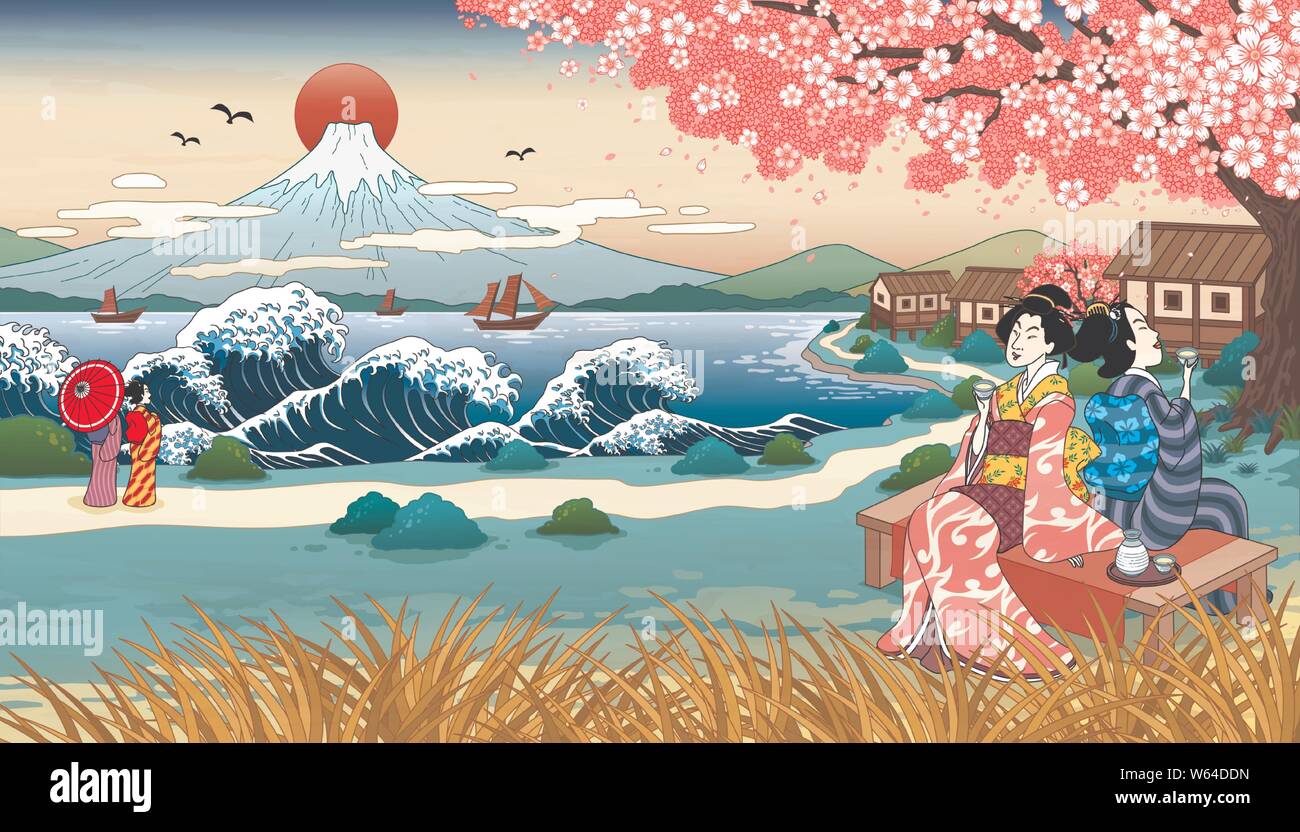 Ukiyo e style geisha drinking sake under beautiful cherry blossom tree ...