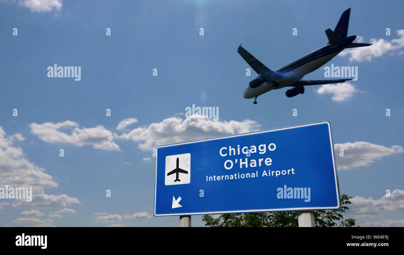 Airplane landing in Chicago O'Hare, Illinois, USA. City arrival with ...