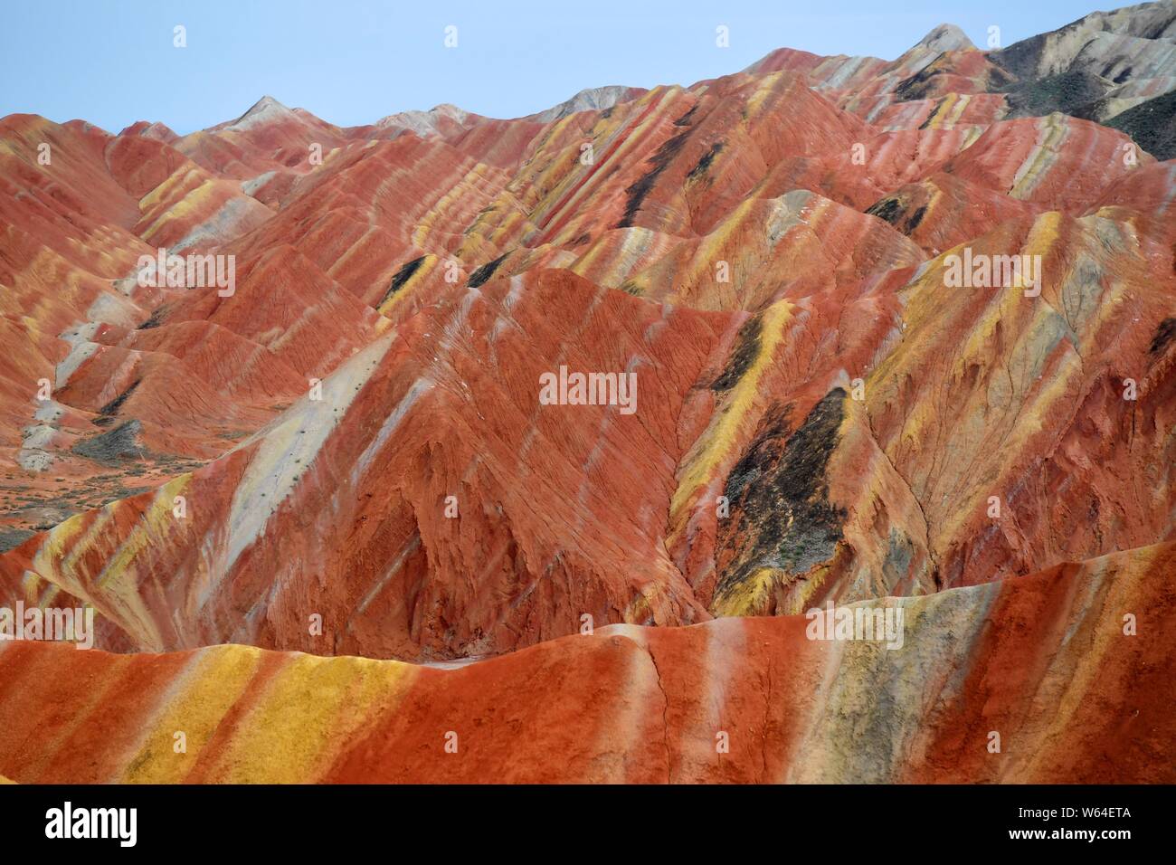 Landscape of Danxia landform at the Qicai Danxia scenic area of Zhangye ...