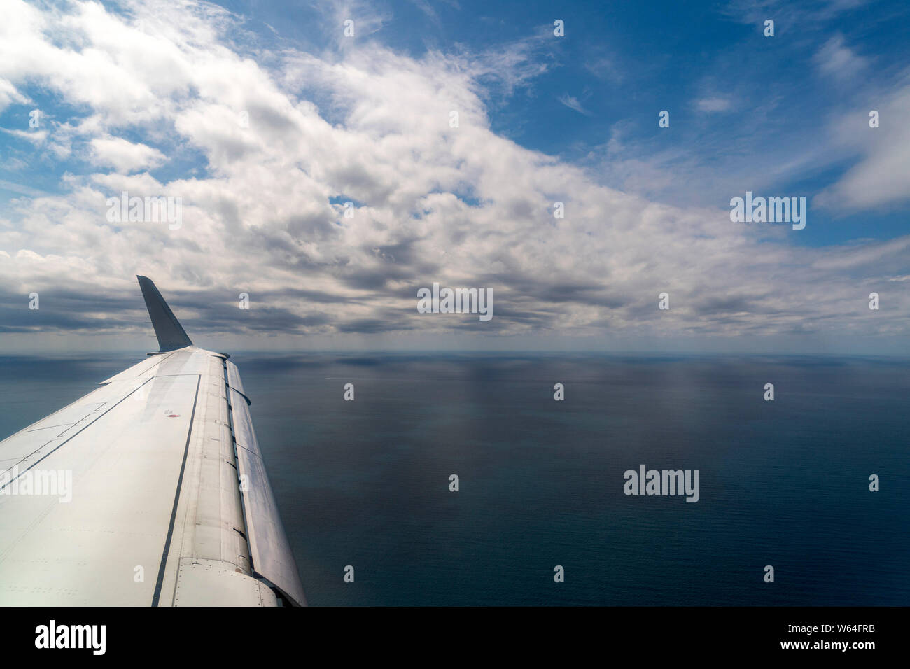 airplane wing detail while landing by the sea destination Stock Photo ...