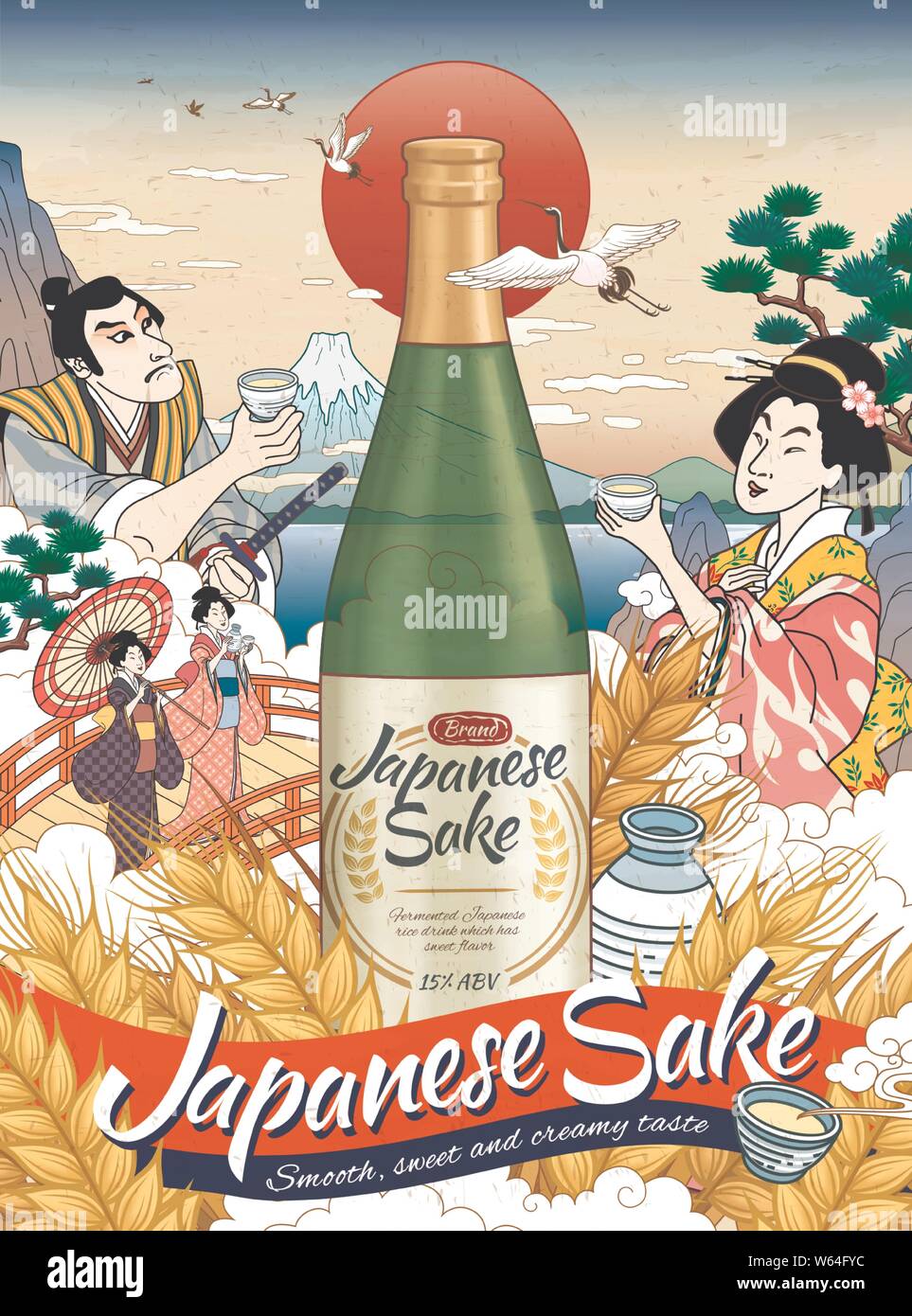 Ukiyo e style Japanese sake ads with people drinking rice wine Stock ...