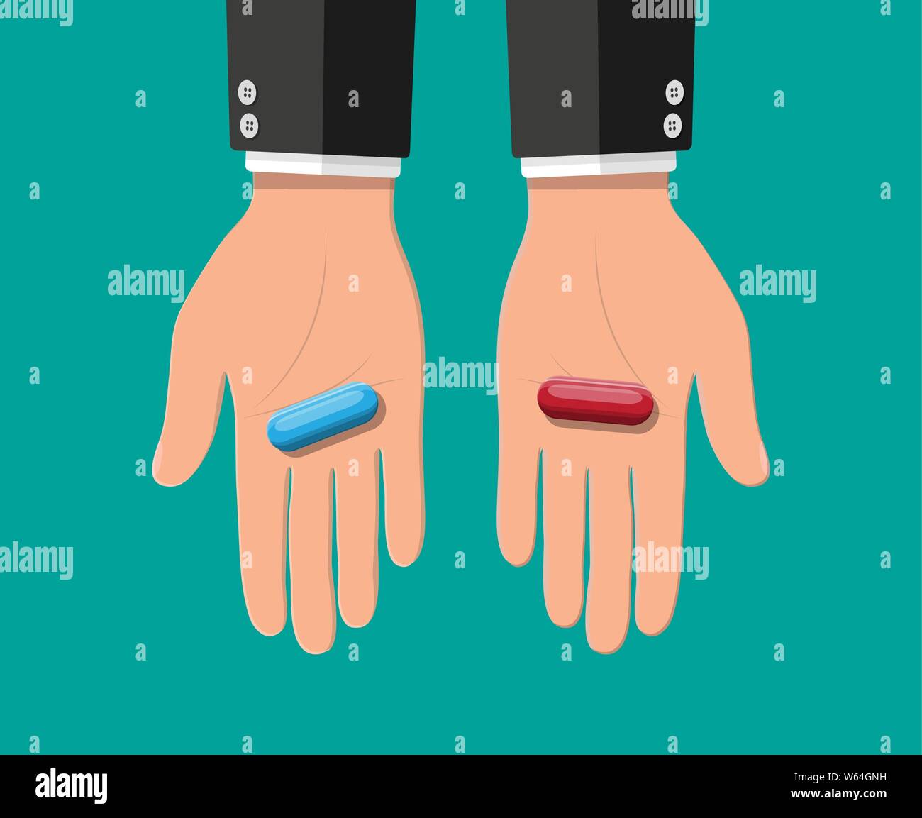 Hands with blue and red capsule pills. Choice or decision metaphor ...