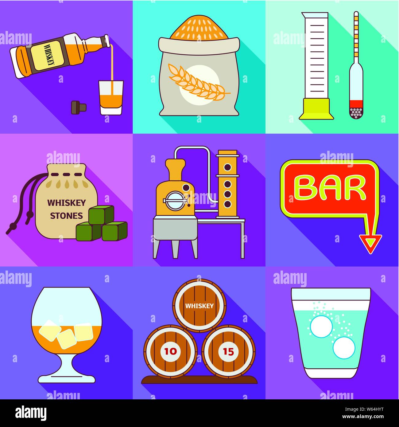 Whiskey factory icon set. Flat set of 9 whiskey factory vector icons ...