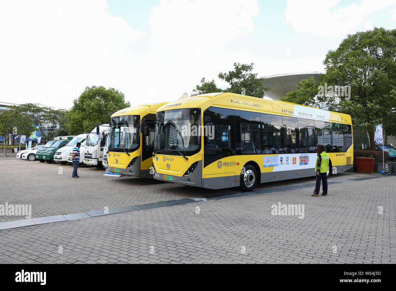 Fuel cell-powered buses are pictured at a hydrogen filling station in ...