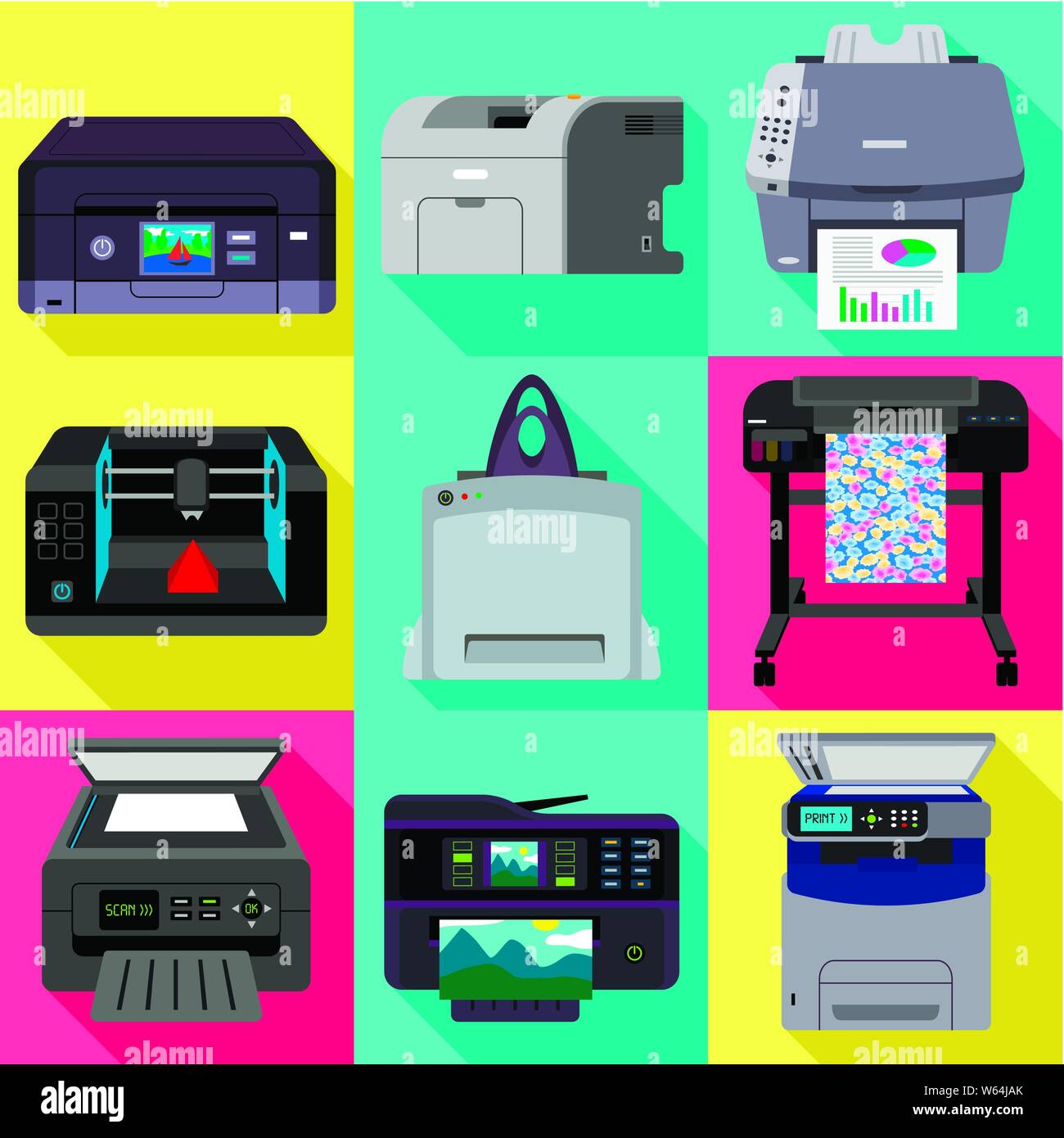 Printer icon set. Flat set of 9 printer vector icons for web design ...
