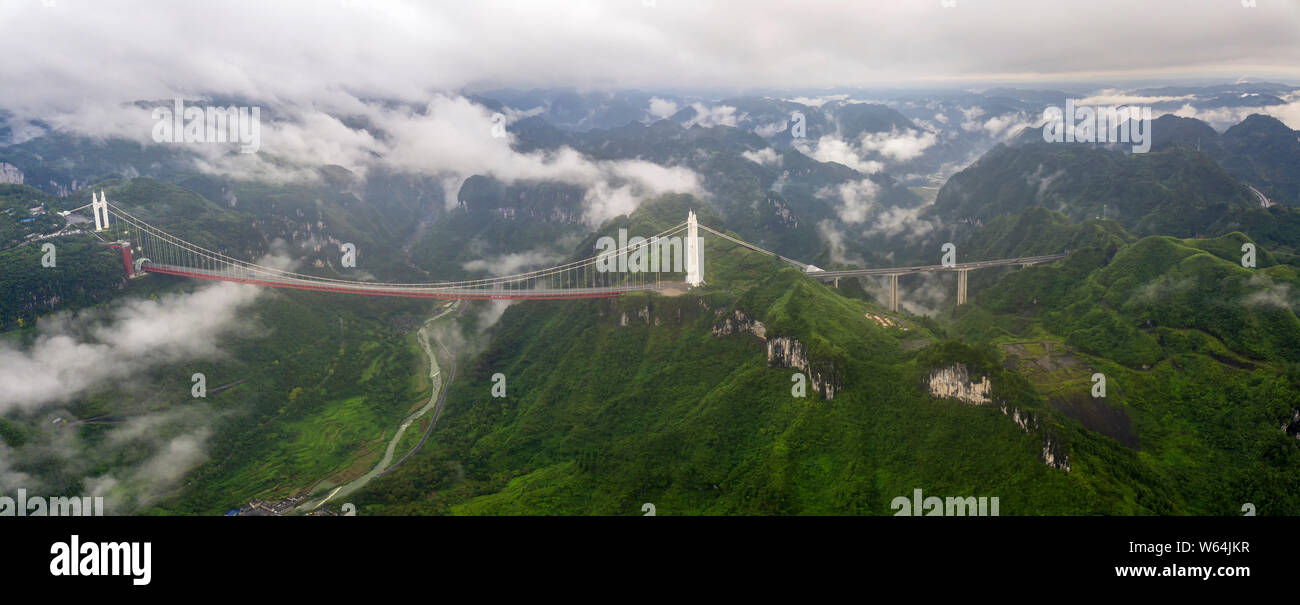 An aerial view of the Aizhai Suspension Bridge, with a main span of ...