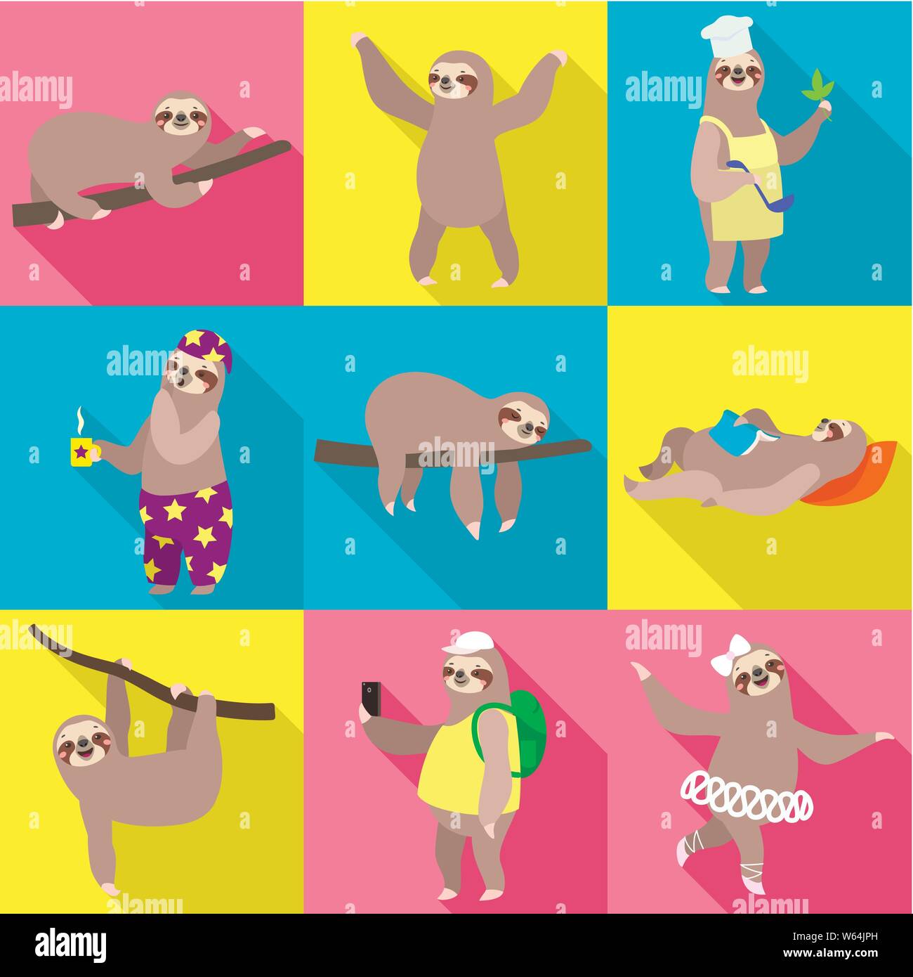 Sloth icon set. Flat set of 9 sloth vector icons for web design ...