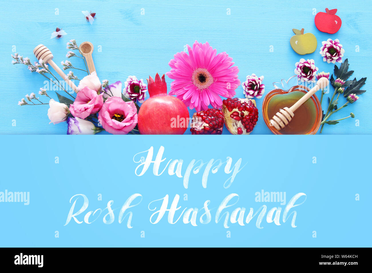 religion image of Rosh hashanah (jewish New Year holiday) concept. Traditional symbols over ...