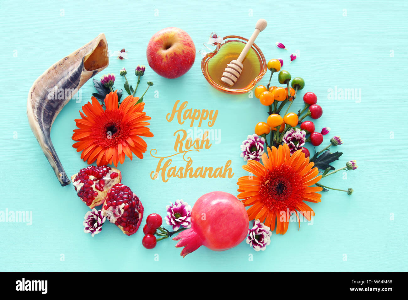 religion image of Rosh hashanah (jewish New Year holiday) concept. Traditional symbols over ...