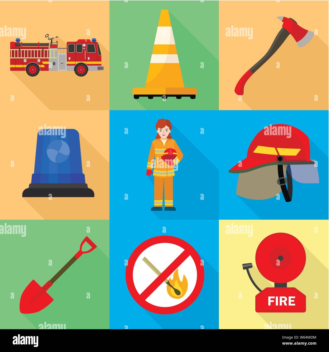 Firefighter icon set. Flat set of 9 firefighter vector icons for web ...
