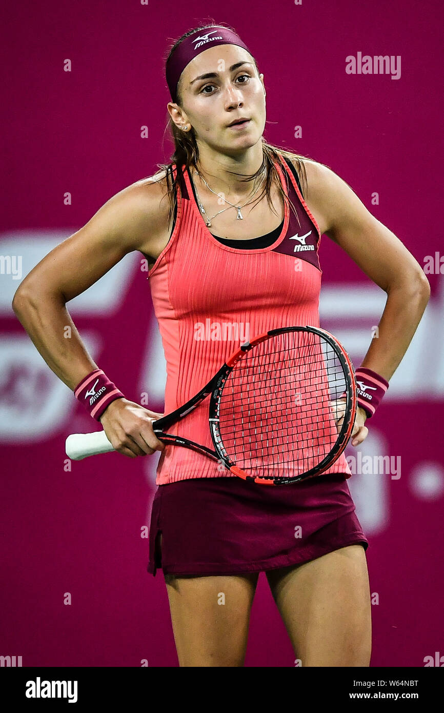 Aleksandra Krunic of Serbia reacts in the quarterfinal match against ...